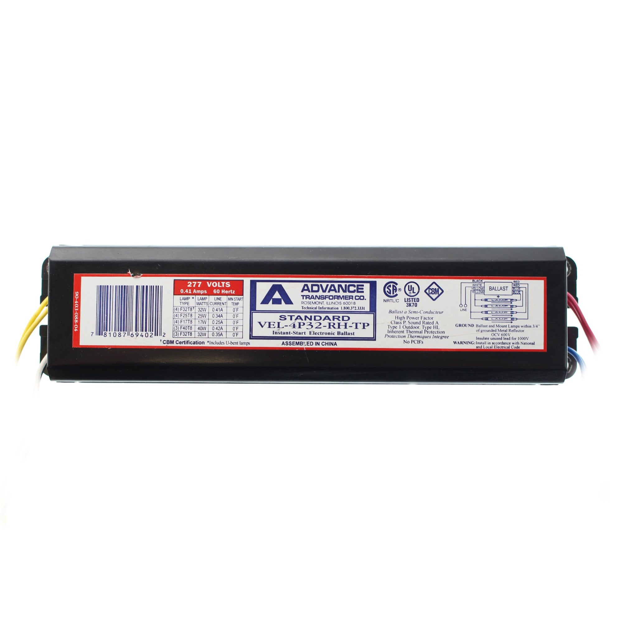Advance VEL-4P32-RH-TP Instant Start Electronic Ballast 277V ...